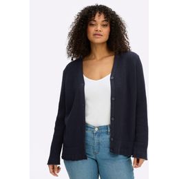 Ajourstrickjacke sheego, Damen, Gr. 44/46, tiefblau, 100% Baumwolle, unifarben, Strickjacken Ajourstrickjacke