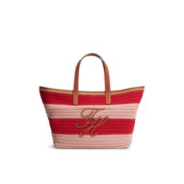 Tragetasche Tommy Hilfiger "TH NAUTICAL TOTE CROCHET STR", Damen, Gr. B/H/T: 58,5cm x 31,5cm x 16cm, rot, rose, Baumwolle, Taschen, Damen Strandtasche mit Streifen und Logoschriftzug