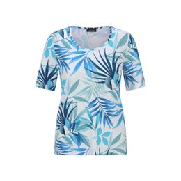 Kurzarmshirt GOLDNER "Viskoseshirt mit sommerlichem Bl&auml;tterprint", Damen, Gr. 38, blau (blau, gemustert), Obermaterial: 95% Viskose CV. 5% Elasthan EL., Modisch, Gerade, Shirts, stretchbequemer Viskosejersey