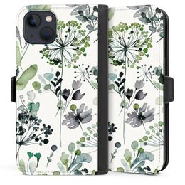 DeinDesign iPhone 13 Handy Klapph&uuml;lle Handyh&uuml;lle aus Kunst Leder schwarz Flip Case Flowers Water Colour Eukalyptus Sideflip mit Lasche