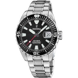 Taucheruhr Festina "The Originals/Diver", silber (silberfarben, schwarz), Armbanduhren, Herren, Armbanduhr,Quarzuhr,Herrenuhr,bis 20 bar wasserdicht, Edelstahlarmband