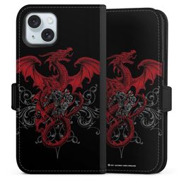 DeinDesign iPhone 15 Handy Klapph&uuml;lle Handyh&uuml;lle aus Kunst Leder schwarz Flip Case Red Dragon Gothic Sideflip mit Lasche