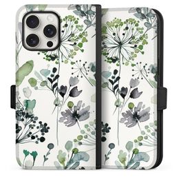 DeinDesign iPhone 15 Pro Max Handy Klapph&uuml;lle Handyh&uuml;lle aus Kunst Leder schwarz Flip Case Flowers Water Colour Eukalyptus Sideflip mit Lasche