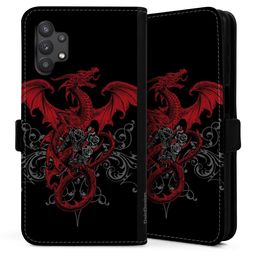 DeinDesign Galaxy A32 5G Handy Klapph&uuml;lle Handyh&uuml;lle aus Kunst Leder schwarz Flip Case Dragon Red Gothic Sideflip mit langer Lasche