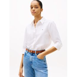 Hemdbluse Tommy Hilfiger "OXFORD RELAXED FIT SHIRT mit Hemdblusenkragen und Stickerei", Damen, Gr. 44, wei&szlig; (optic wei&szlig;), Web, Obermaterial: 100% Baumwolle, unifarben, relaxed fit h&uuml;ftlang, &Auml;rmel mit &Auml;rmelschlitz 1-Knopf-Manschette, Blusen Hemdbluse, Baumwolle, relaxed fit