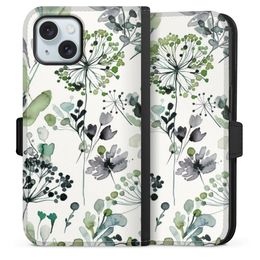 DeinDesign iPhone 15 Handy Klapph&uuml;lle Handyh&uuml;lle aus Kunst Leder schwarz Flip Case Flowers Water Colour Eukalyptus Sideflip mit Lasche