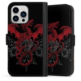 DeinDesign iPhone 13 Pro Handy Klapph&uuml;lle Handyh&uuml;lle aus Kunst Leder schwarz Flip Case Red Dragon Gothic Sideflip mit Lasche