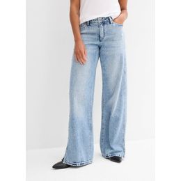 bonprix Wide-Leg-Jeans Mid Waist Low Stretch, blau, Gr.42, Straight-Jeans Mid Waist mit Nieten an der Seitennaht, 100% Baumwolle