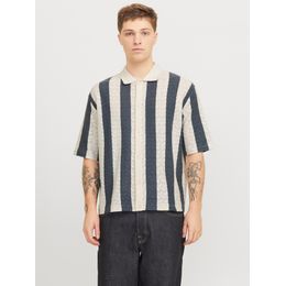 Jack & Jones Polokragenpullover JACK & JONES "JORTYLER KNIT SS POLO SN", Herren, Gr. M, sea salt stripes:stormy weather, Feinstrick, Obermaterial: 50% Baumwolle, 50% Polyester, gestreift, relaxed fit normal, Rundhals, Pullover, Baumwollmischung, relaxed fit