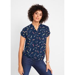 Kurzarmbluse bonprix, Damen, Gr. 40, dunkelblau gemustert, Web, Obermaterial: 100% Viskose, bedruckt, loose fit h&uuml;ftlang, V-Ausschnitt, mit Knopf,mit Riegel, Blusen, lockere Passform, aus Viskose, kleines Riegel-Detail am &Auml;rmel