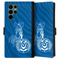 DeinDesign Galaxy S22 Ultra Handy Klapph&uuml;lle Handyh&uuml;lle aus Kunst Leder schwarz Flip Case Merchandise Msv Duisburg Zebra Sideflip mit langer Lasche