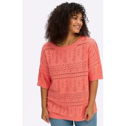 Ajourpullover sheego "Kurzarm-Pullover", Damen, Gr. 48/50, koralle, 100% Baumwolle, gemustert, unifarben, Pullover