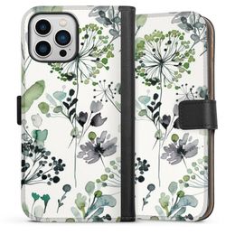 DeinDesign iPhone 13 Pro Max Handy Klapph&uuml;lle Handyh&uuml;lle aus Kunst Leder schwarz Flip Case Flowers Water Colour Eukalyptus Sideflip mit langer Lasche