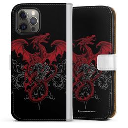 DeinDesign iPhone 12 Pro Max Handy Klapph&uuml;lle Handyh&uuml;lle aus Kunst Leder wei&szlig; Flip Case Red Dragon Gothic Sideflip mit Lasche