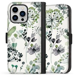 DeinDesign iPhone 13 Pro Handy Klapph&uuml;lle Handyh&uuml;lle aus Kunst Leder schwarz Flip Case Flowers Water Colour Eukalyptus Sideflip mit Lasche