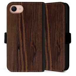 DeinDesign iPhone 16e Handy Klapph&uuml;lle Handyh&uuml;lle aus Kunst Leder schwarz Flip Case Wooden Look Wood Nut Tree Sideflip mit Lasche
