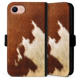 DeinDesign iPhone 16e Handy Klapph&uuml;lle Handyh&uuml;lle aus Kunst Leder schwarz Flip Case Fur Cow Animal Look Sideflip mit Lasche