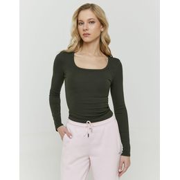 Langarmshirt Tally Weijl "STSCOORLA", Damen, Gr. L, deep khaki, Jersey, Obermaterial: 100% Baumwolle, unifarben, figurbetont taillenbedeckt, tiefer Rundhals, Shirts Langarmshirt, Baumwollmischung, figurbetont