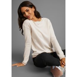 Rundhalspullover Laura Scott, Damen, Gr. 40/42, beige (sand), Strick, Obermaterial: 50% Baumwolle, 50% Polyacryl, Strukturmuster, Basic, figurumspielend h&uuml;ftlang, Rundhals, Rollkanten, Pullover Rundhalspullover, leichter Feinstrick mit Waffelmuster