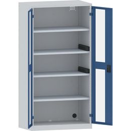 LISTA Akku-Ladeschrank, 4 Fachb&ouml;den, Sichtfenstert&uuml;ren, 2 Energieleisten seitlich, grau / blau