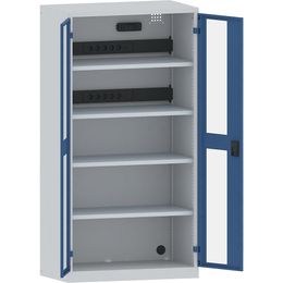 LISTA Akku-Ladeschrank, 4 Fachb&ouml;den, Sichtfenstert&uuml;ren, 2 Energieleisten r&uuml;ckseitig mit FI/LS-Schalter, grau / blau