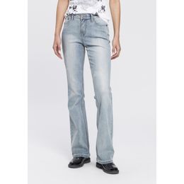 Bootcut-Jeans Arizona "Shaping", Damen, Gr. 34, N-Gr, blau (bleached), Jeans, Obermaterial: 79% Baumwolle, 19% Polyester, 2% Elasthan, Abriebeffekte, Basic, bootcut fit lang, Jeans, elastische Passform, Bootcut-Beinform, Used-Waschung, hohe Taille