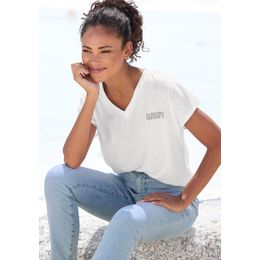 V-Shirt ELBSAND "Pajuk", Damen, Gr. L (40), wei&szlig;, Single Jersey, Obermaterial: 50% Baumwolle, 50% Polyester, unifarben, figurumspielend h&uuml;ftlang, V-Ausschnitt, angeschnitten, Shirts, mit Logoprint, Kurzarmshirt, Basic, Topseller