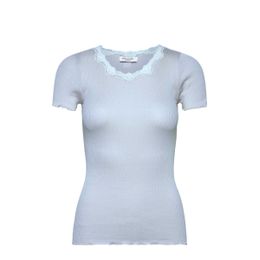 Spitzenshirt rosemunde "Beatha lace t-shirt mit Seide mit Seide", Damen, Gr. L, wei&szlig; (jeansblau), Feinstrick, Obermaterial: 55% Seide, 45% Baumwolle, unifarben, eng h&uuml;ftbedeckend, Rundhals, gewellter Abschluss, Shirts, wundersch&ouml;nes Halbarmshirt mit edler Spitze am Rundhalsausschnitt