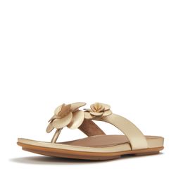 Dianette fitflop "GRACIE FLOWER LEATHER FLIP-FLOPS", Damen, Gr. 42, platino, Leder, Schuhe Dianette, Zehentrenner, Sommerschuh mit auff&auml;lliger Bl&uuml;te