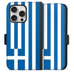 DeinDesign iPhone 15 Pro Handy Klapph&uuml;lle Handyh&uuml;lle aus Kunst Leder schwarz Flip Case Flag Greece Sideflip mit Lasche