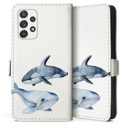 DeinDesign Galaxy A52s 5G Handy Klapph&uuml;lle Handyh&uuml;lle aus Kunst Leder wei&szlig; Flip Case Wale Water Colour Ocean Sideflip mit Lasche