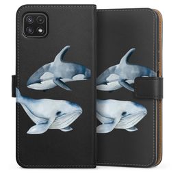 DeinDesign Galaxy A22 5G Handy Klapph&uuml;lle Handyh&uuml;lle aus Kunst Leder schwarz Flip Case Water Colour Ocean Wale Sideflip mit langer Lasche