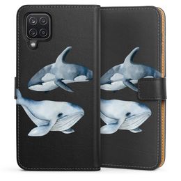 DeinDesign Galaxy A12 Handy Klapph&uuml;lle Handyh&uuml;lle aus Kunst Leder schwarz Flip Case Water Colour Ocean Wale Sideflip mit langer Lasche