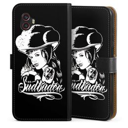 DeinDesign Galaxy XCover 6 Pro Handy Klapph&uuml;lle Handyh&uuml;lle aus Kunst Leder schwarz Flip Case Official Licensed Product Sc Freiburg Woman Sideflip mit langer 
