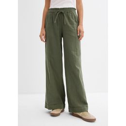 bonprix Schlupfhose aus luftigem Musselin, gr&uuml;n, Gr.40, Musselin-Hose mit ausgefranstem Saum aus reiner Baumwolle, aus 100% Baumwolle