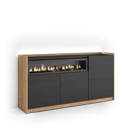 SIDEBOARD, Schwarz und Eiche, 156/37/80cm, Kamin mit Feuereffekt