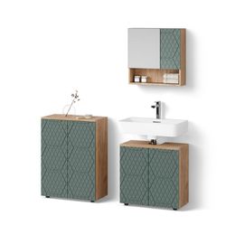 BADM&Ouml;BEL-SET Ronco Gr&uuml;n/Goldkraft Eiche 3 Teile, mit Unterschrank 60 cm