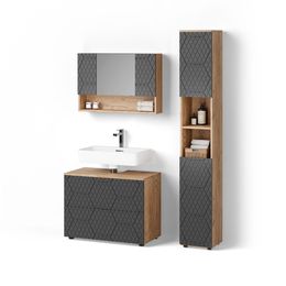 BADM&Ouml;BEL-SET Ronco Anthrazit mit Wabenstruktur 3 Teile, mit Spiegelschrank 80 cm