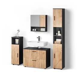 BADM&Ouml;BEL-SET Ronco Goldkraft Eiche/Anthrazit 4 Teile, mit Schubladenschrank und Hochschrank