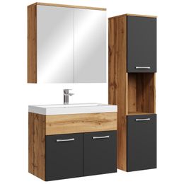 Badplaats BADM&Ouml;BEL-SET Montreal 4 Teile Eiche / Schwarz Spiegelschrank - 60 x 35 x 51 cm