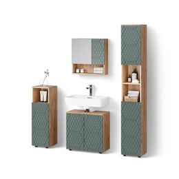 BADM&Ouml;BEL-SET Ronco Gr&uuml;n/Goldkraft Eiche 4 Teile, mit Hochschrank
