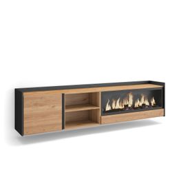 LOWBOARD, Eiche und Schwarz, 212/35/50cm, Kamin mit Feuereffekt XXL
