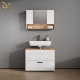 BADM&Ouml;BEL-SET Ronco Wei&szlig; Hochglanz/Goldkraft Eiche 2 Teile, Unterschrank 80 cm