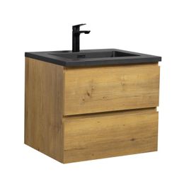Badplaats WASCHTISCHKOMBI Angela 2 Teile - Eiche Mit Schwarzem Waschbecken - 60 x 48 x 52 cm