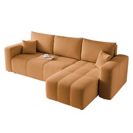ECKSOFA Senfgelb Velours mit Bettkasten und Schlaffunktion