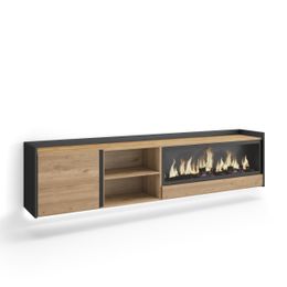 LOWBOARD, Eiche und Schwarz, 212/35/50cm, Kamin mit Feuereffekt XXL