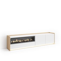 LOWBOARD, Wei&szlig; und Eiche, 207/37/50cm, Kamin mit Feuereffekt