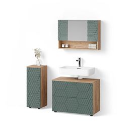 BADM&Ouml;BEL-SET Ronco Gr&uuml;n/Goldkraft Eiche 3 Teile, mit Schubladenschrank und Midischrank
