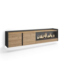 LOWBOARD, Eiche und Schwarz, 212/35/50cm, Kamin mit Feuereffekt XXL