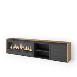 LOWBOARD, Schwarz und Eiche, 212/35/50cm, Kamin mit Feuereffekt XXL